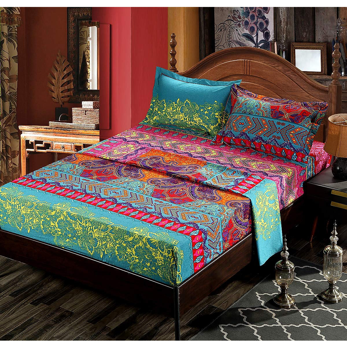 HNNSI 4 Pieces Bohemia Ethnic Bedding Sets Queen Size, Brushed Cotton Boho Duvet Cover Set with Fitted Sheet, Super Comfy Comforter Cover Sets,No Comforter(Fitted Sheet Set, Queen)