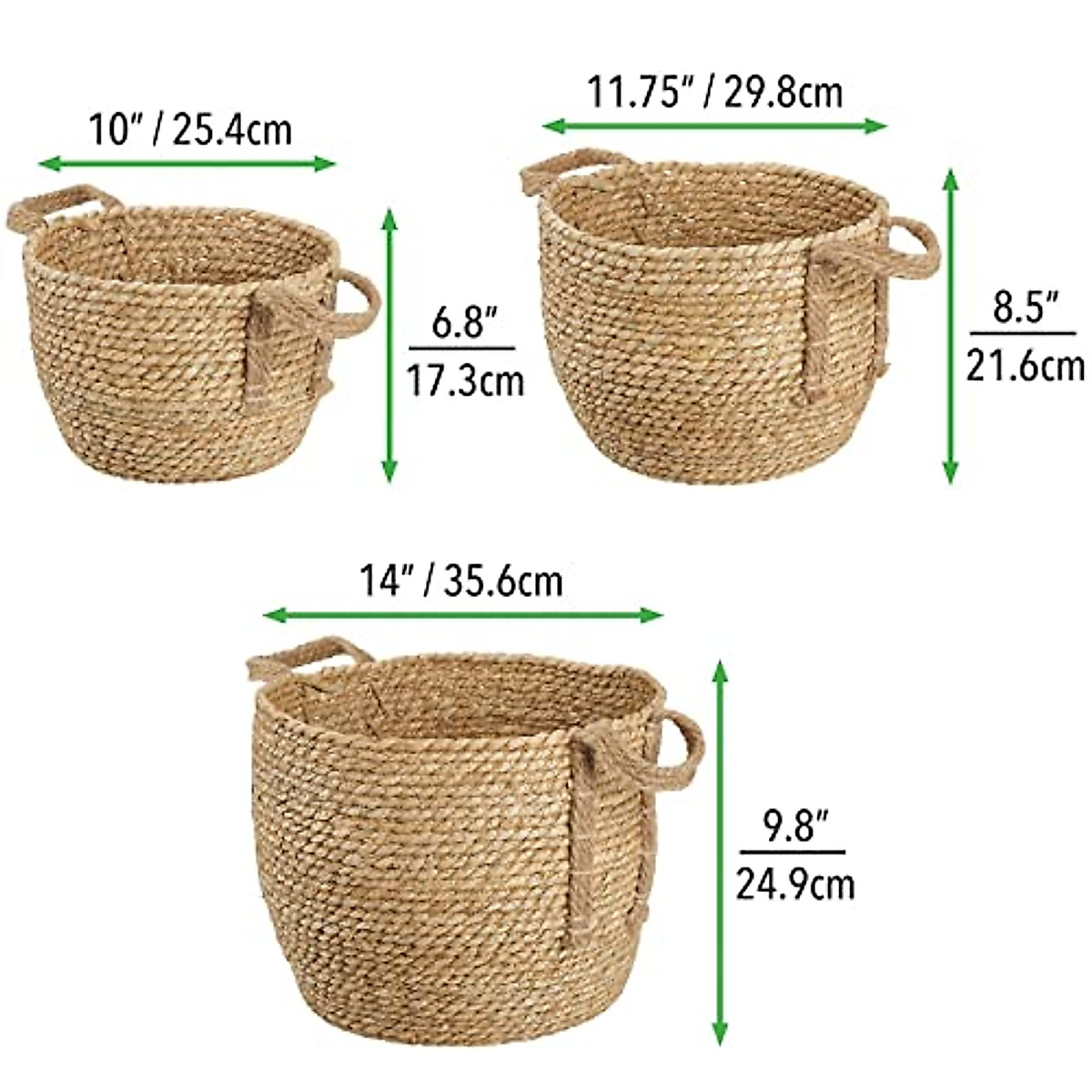 mDesign Round Braided Seagrass Woven Storage Basket with Jute Handles - Rope Weave Circle-Shaped Basket Bin for Shoe Storage in Entryway, Organizing Playroom Toys, and Laundry - Set of 3 - Natural