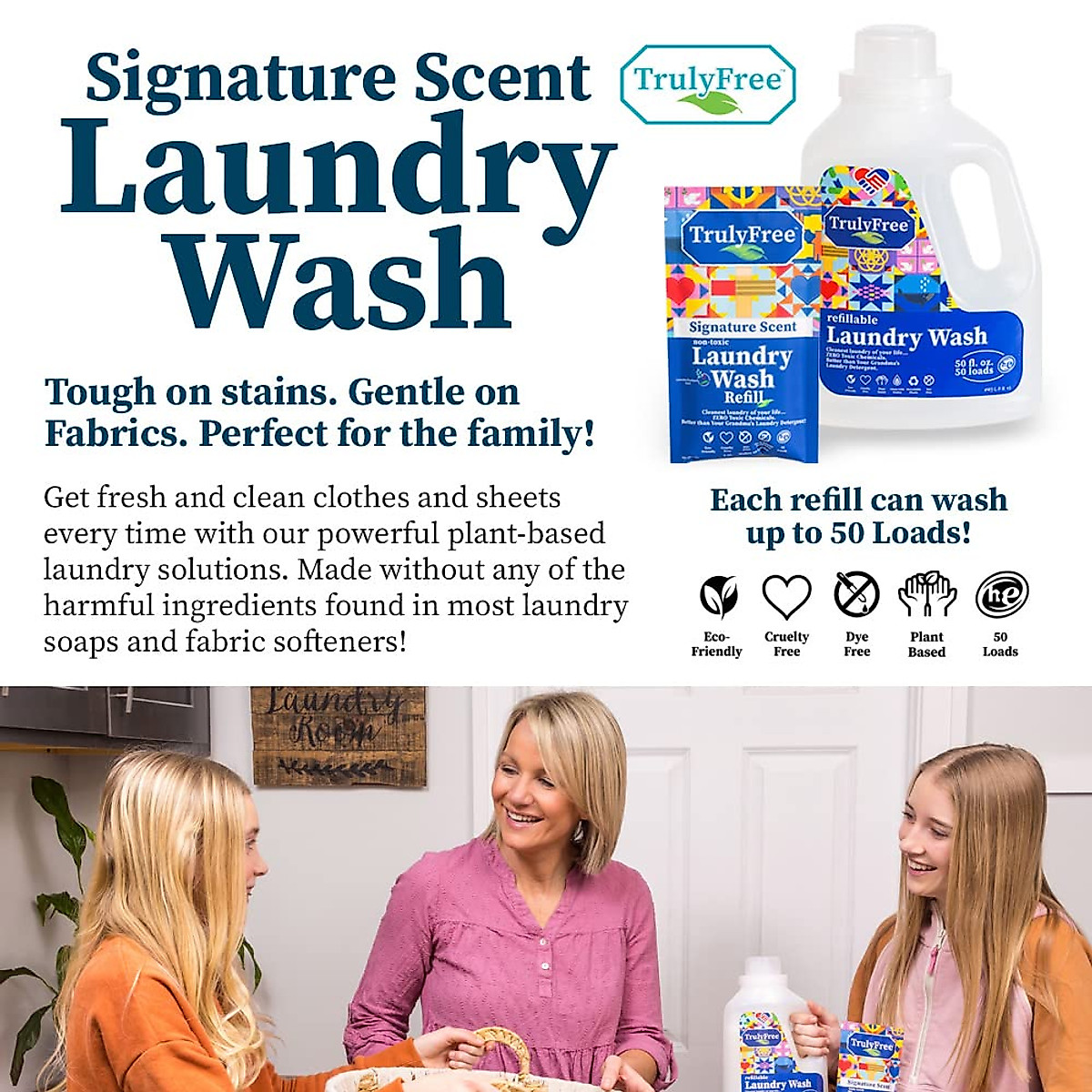 Truly Free Laundry Detergent for Sensitive Skin | Gentle & Safe for Baby Clothes | Plant-Based | Easy to Dissolve to Create a Liquid| Include 1 Refillable Bottle| Signature Scent (50 Loads)