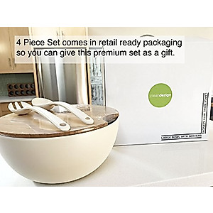 Clean Dezign 11.5" Large Salad and Serving Bowl with Bamboo Wood Lid and Servers Set - Bamboo Fiber Mixing Bowl and Utensils with Wooden Cutting Board Top (Large, Natural White)