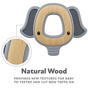 Nuby Natural Wood & Silicone Teether: Elephant, 3M+, Gray