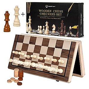 JOYOUSLIFE Magnetic Wooden Chess & Checkers Set, 15'' Folding Chess Boards with 2 Extra Queens and Carry Bag, 2 in 1 Portable Travel Chess Board Game for Adults Kids Tournament Professional Beginner