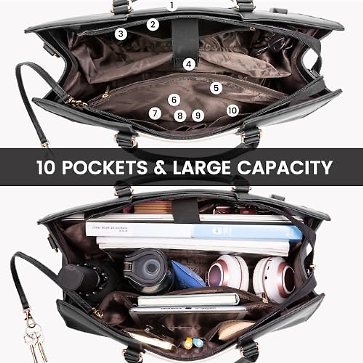 LOVEVOOK Laptop Bag for Women, Large Computer Tote Bag Handbag Shoulder Bag With Clutch Purse, Business Work Briefcase Travel Bag, 2 PCs 15.6-inch, Black-White