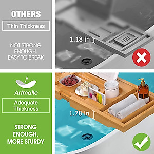 Artmalle Bathtub Caddy Tray for Tub,Foldable Bamboo Bath Table Tray with Book and Wine Glass Holder, Free Soap Dish Suitable for Luxury Spa or Reading,Natural