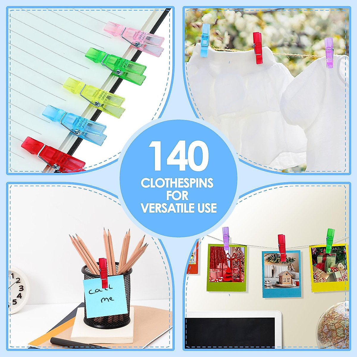 140 Pcs Mini Clothes Pins Colored - Small Clear Clips for Hanging Picture String, 1.37 Inch Plastic Photo Clips Transparent, 7 Colors