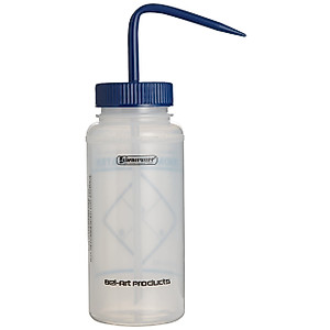SP Bel-Art Safety-Labeled 2-Color Deionized Water Wide-Mouth Wash Bottles; 500ml (16oz), Polyethylene w/Blue Polypropylene Cap (F11646-0631), Natural, (Pack of 6)