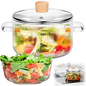 Hushee 2 Pcs Cooking Glass Pot with Lid 57 oz and Serving Bowl Glass Heat Resistant Cookware with Grip Handles with Cover Safe Clear Cooking Pots Glass Saucepan for Soup Milk Food Stove Stovetop