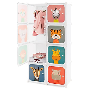 HONEY JOY Kids Wardrobe Closet, Baby Cartoon Clothes Storage Organizer, 8 Cubes & 2 Hanging Sections, Portable Children DIY Modular Bedroom Armoire Dresser Cabinet for Boys Girls (White)