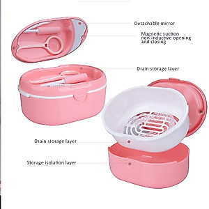 Double Layer Dry and Wet Separation Portable Retainer Case Kit, with Strainer Aligner Removal Tool, Layered Seal Against Dust Denture Case, Orthodontic Dental Retainer Box for Household Travel (Pink)