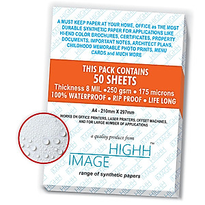 Waterproof Paper | 50 Sheets, Thickness 8 MIL 150 LB, Non-Tear Paper, 8.5X11 from HIGHH IMAGE | Print With Laseer Printers | Office Printers