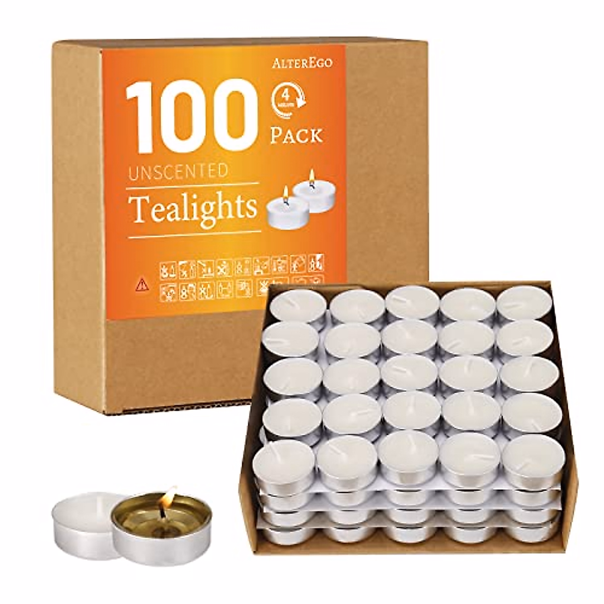 AlterEgo Unscented Tea Lights - 100 Pack Tealight Candles - 4+ Hour Burn Time - Clean-Burning White Palm Votive Smokeless Tealights Candles for Home, Shabbat & Anniversaries (100Pack)