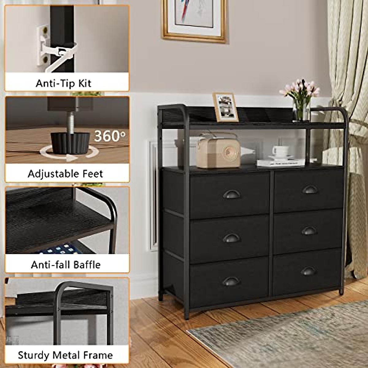 Furologee 6 Drawer Dresser Fabric, Double Shelf Black Closet Organizer Storage Tower Unit for Bedroom, Living Room Entryway, Rustic Bins, Sturdy Metal Frame