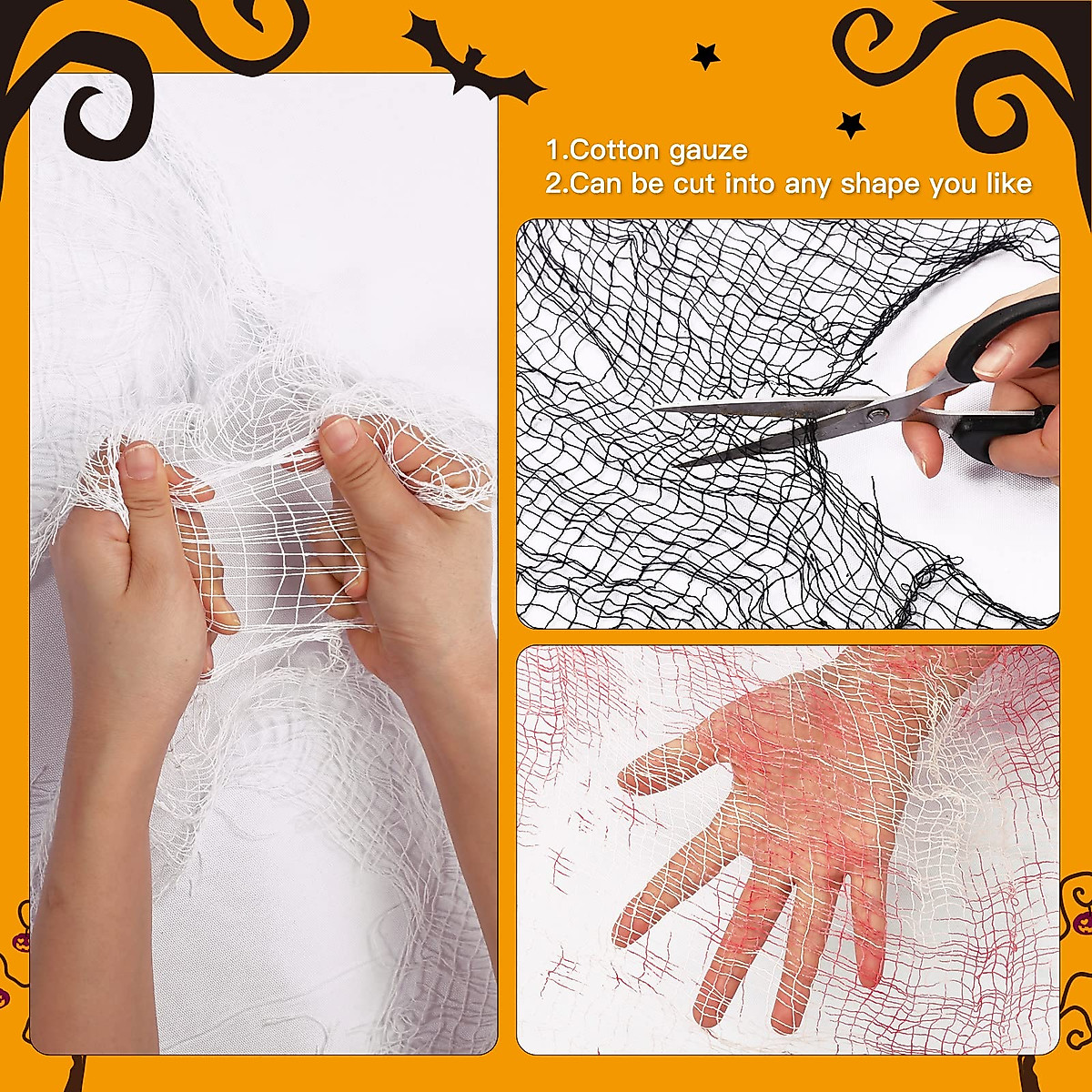 3Pcs Halloween Creepy Cloth 144x31 Inches Spooky Halloween Gauze Cheesecloth Halloween Party Decorations Supplies Indoor Outdoor Wall Yard Patio Decor(Black, White, Blood Red)