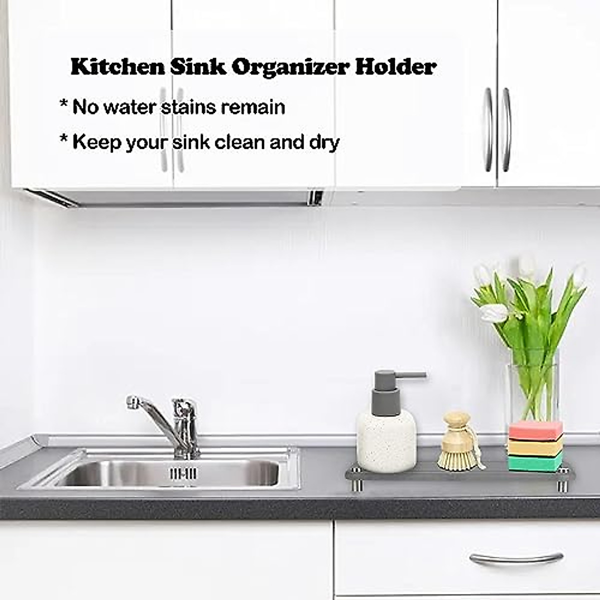 ROBBEAR Kitchen Bathroom Sink Organizer Fast Drying Stone Diatomaceous Earth Water Absorbing Sink Tray for Cup, Soap Bottle, Sponge Holder, Rack for countertop with Stainless Steel Feet (Dark Grey)