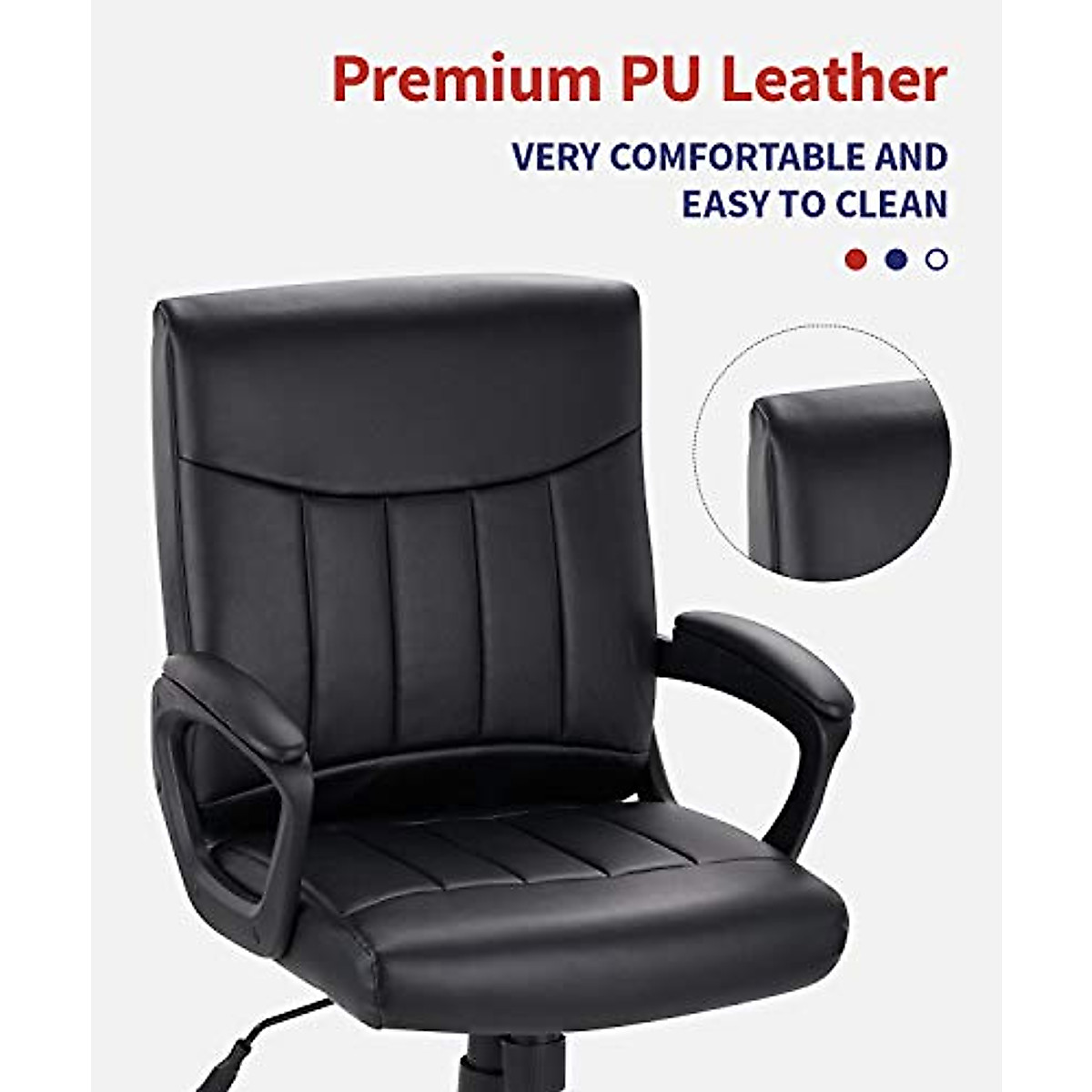CLATINA Leather Office Executive Chair, Mid Back Computer Desk Chair with Lumbar Support and Padded Armrests, Ergonomic Adjustable Swivel Chair for Home, Black