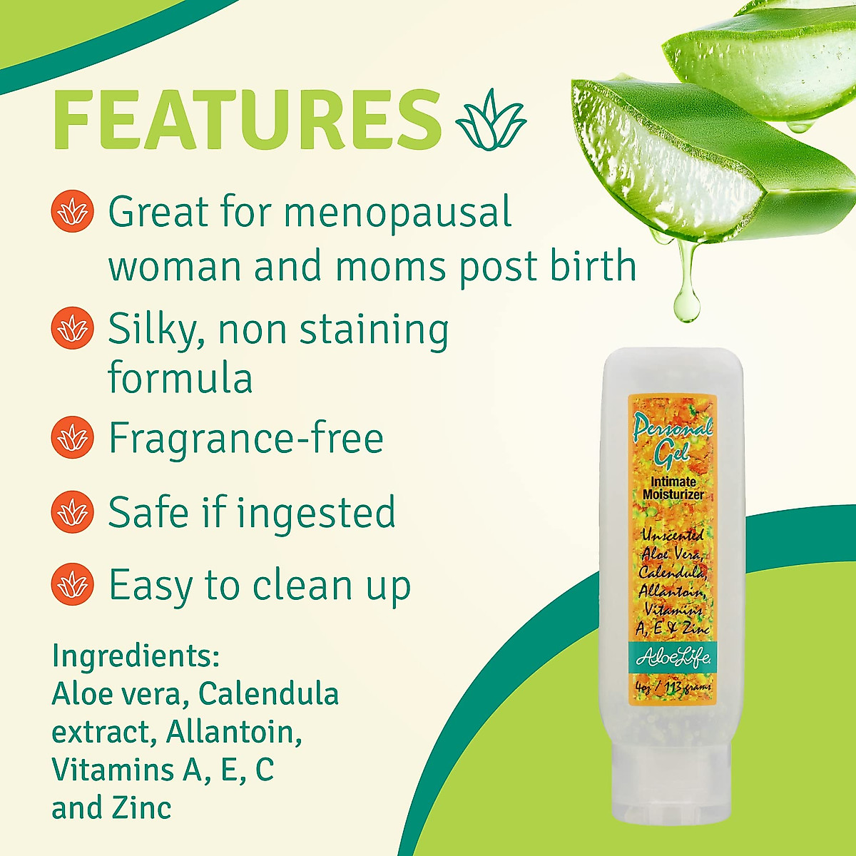 Aloe Life - Personal Gel, Intimate Moisturizer, Organic Aloe Cream, Silky & Non-Staining Formula, Perfect For Menopause, Burn Treatment, Protects & Moisturize Skin, Skincare Gel, Fragrance-Free (4 oz)