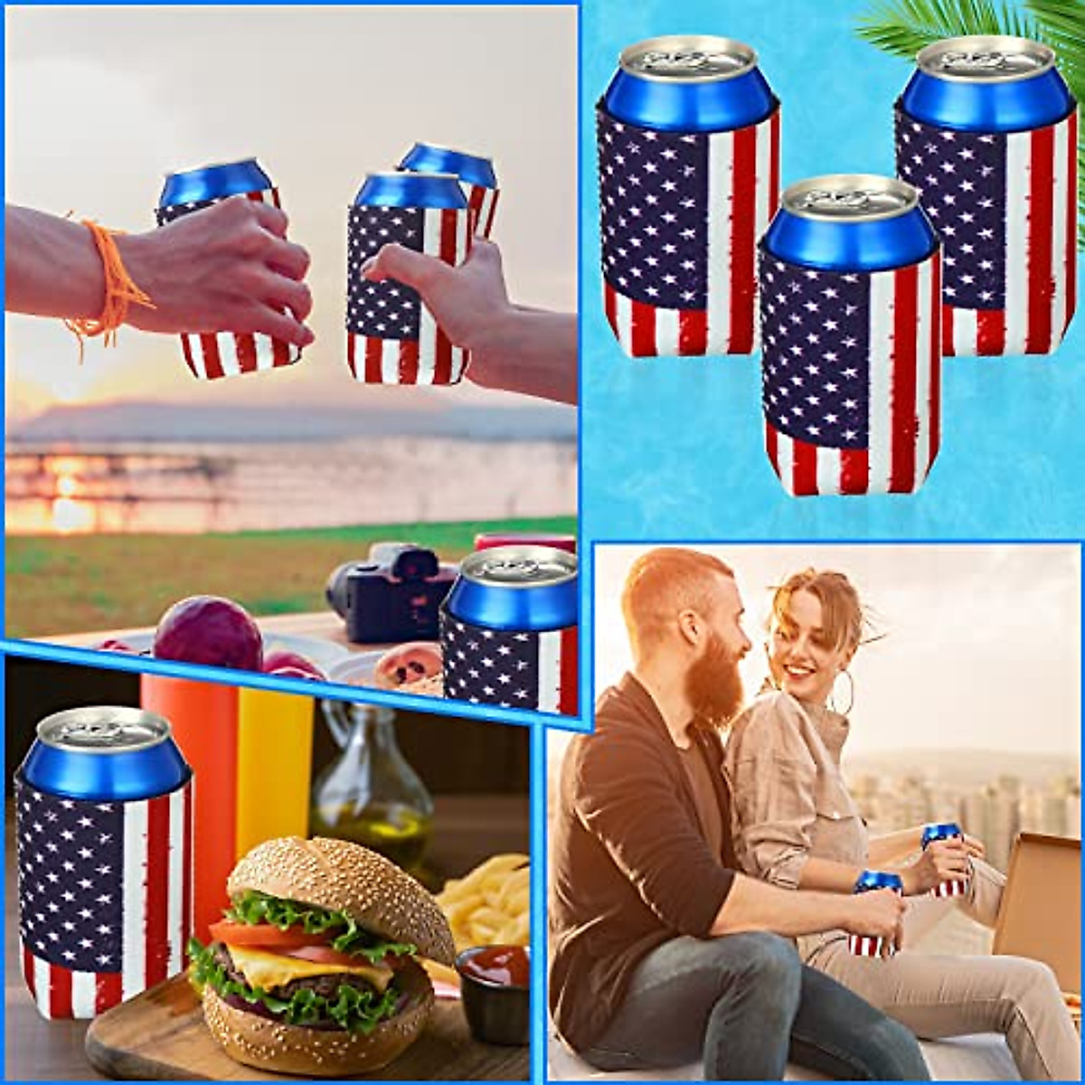 24 Pcs Summer Can Cooler Sleeves Reusable Usa Flag Can Cooler Collapsible American Flag Can Covers for Beer DIY Neoprene Beer Bottle Cooler Insulation with Stitches for Drink Holder Party, 12 oz