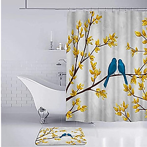 DuoBaorom 4 Pieces Set Tree Bird Shower Curtain Set Blue Love Birds on Yellow Tree Branch Picture Print on Non-Slip Rugs Toilet Lid Cover Bath Mat and Bathroom Curtain with 12 Hooks 72x72inch
