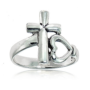 Hoops & Loops 925 Sterling Silver Cross and Sideways Heart Statement Fashion Christian Spiritual Ring for Women Men Teen Girls, Size 8