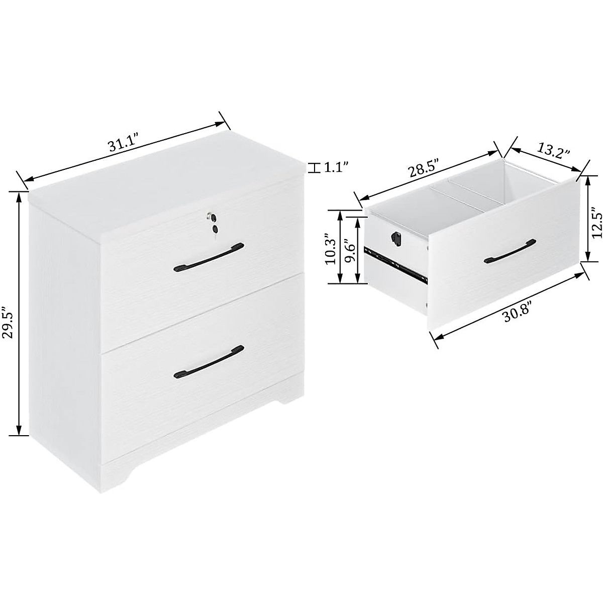 2 Drawer File Cabinet with Lock, Wooden Lateral Storage Home Office Filing Cabinet with Anti-tilt Mechanism with 8 Hanging Bars for Letter/Legal Size (White)
