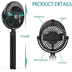 YONHISDAT Misting Fan for Stroller, Portable Clip on Fan for Baby, Rechargeable Mist Fan with Flexible Tripod for Stroller, Crib, Treadmill, Car Seat