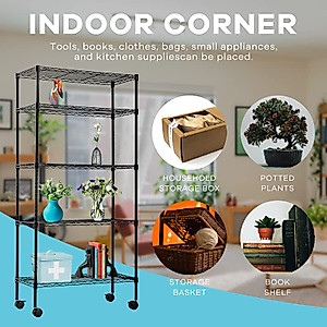 MGHH Garage Shelving, Metal Shelves 5 Tier Wire Shelving Unit Adjustable Heavy Duty Sturdy Steel Shelving Rolling Cart with Casters for Pantry Garage Kitchen, Black