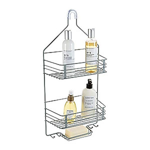 Bath Bliss 2 Tier Linear Hanging Shower Caddy | Bathroom Storage & Organization | Shower Head Hang | Holds Large Bottles | Soap Dish | Accessory Hooks | Grey