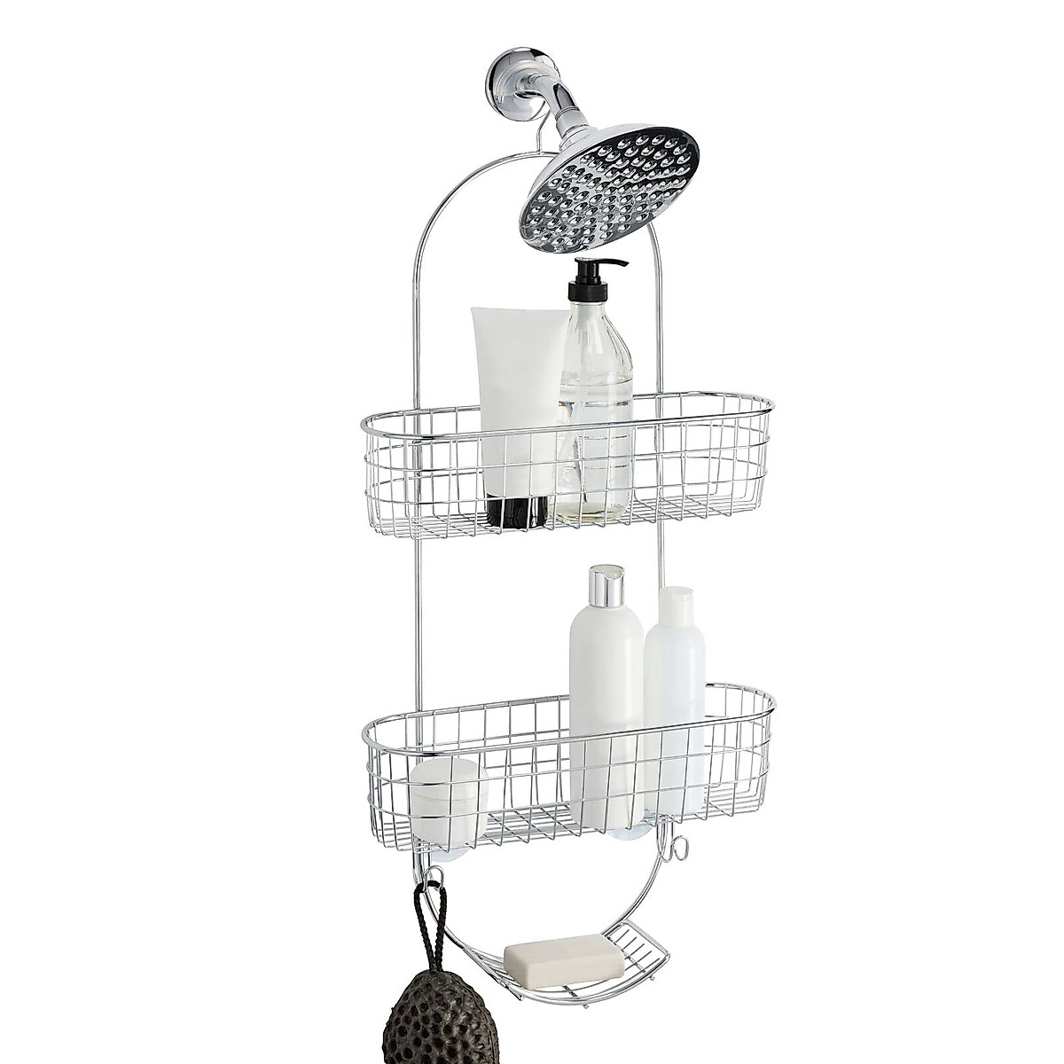 mDesign Steel Metal Curved Bathroom/Shower Caddy, Hanging Storage Organizer for Shampoo and Conditioner Bottles - 2-Tier Rack with Baskets - Holder for Soap, Body Wash, Concerto Collection, Chrome