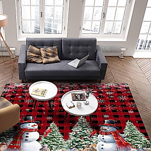 Christmas Snowman Area Rugs Xmas Tree Snowflake Red and Black Buffalo Plaid Non-Slip Washable Rug Indoor Rug Floor Mats Non Shedding Carpet for Living Room Bedroom Dining Room Home Decor 2.7x5 Ft
