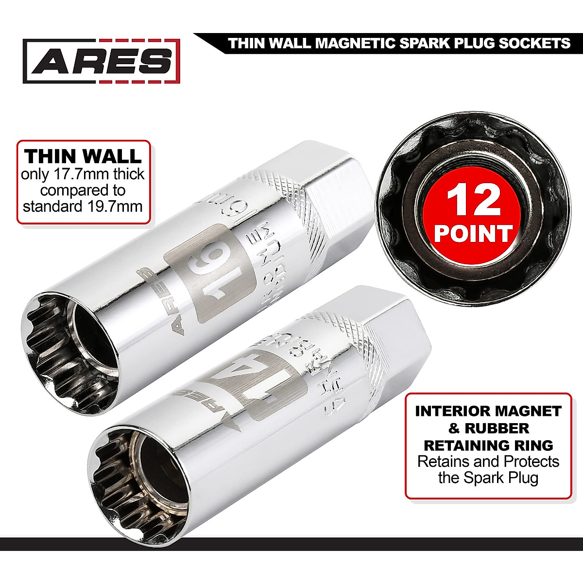 ARES 11016-5-Piece Magnetic Spark Plug Socket Set - Includes 14mm and 16mm Thin Wall Sockets and 9/16-inch, 5/8-inch, and 13/16-inch Sockets - Convenient Reusable Storage Rail Included