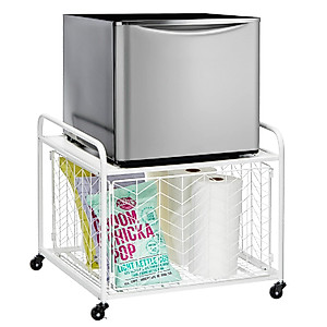 mDesign Small Portable Mini Fridge Storage Cart with Wheels and Handles - Mobile Refrigerator, Microwave, Appliance Platform Table with Drawer Basket for Dorm Room, Studio, Apartments - White