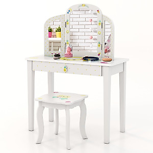 HONEY JOY Kids Vanity Set, Toddler Beauty Makeup Dressing Table w/Stool & Drawer, Tri-Fold Silver Mirror, Detachable Top, Pineapple Theme Wooden Princess Pretend Play Vanity Set for Little Girls