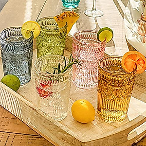 Vintage Textured Sage Green Striped Drinking Glasses Set of 6-13 oz Ribbed Glassware with Flower Design| Cocktail Set, Juice Glass, Water Tumbler