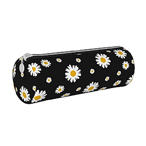 Ykklima White Yellow Daisy Flower Black Leather Pencil Case Zipper Pen Makeup Cosmetic Holder Pouch Stationery Bag for School Work Office