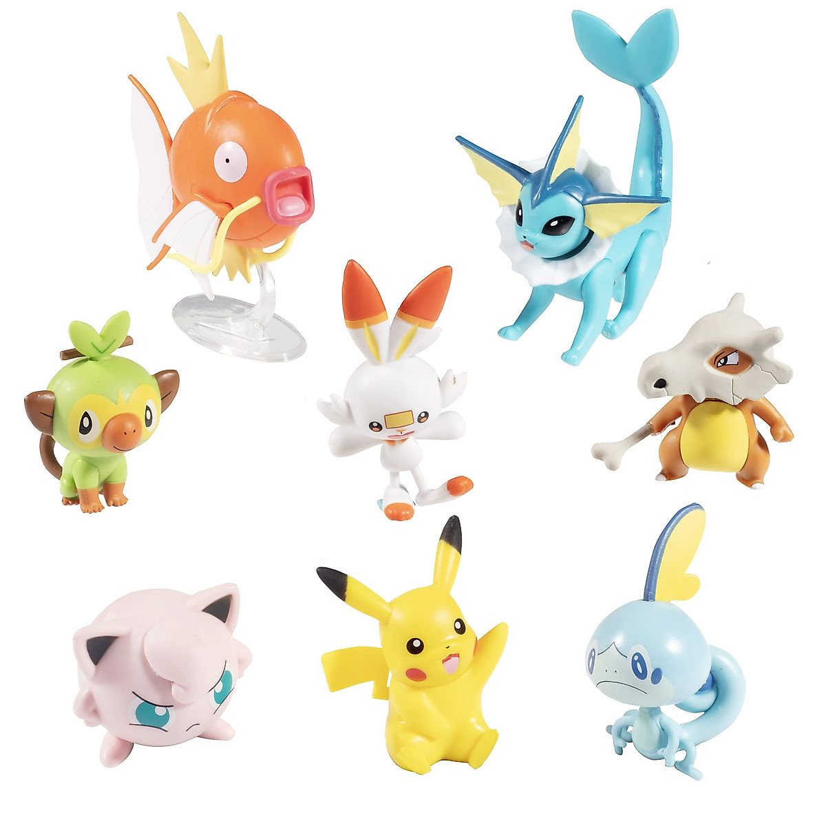 Pokemon Battle Ready! Figure Set, 8 Pieces - Playset with 2 & 3 inch Figures Pikachu, Scorbunny, Grookey, Sobble, Jigglypuff, Cubone, Vaporeon & Magikarp - Gift for Kids, Boys, Girls - Ages 4+