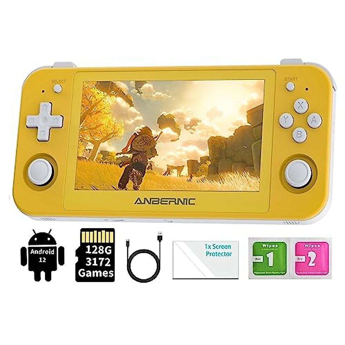 RG505 Handheld Game Console , Android 12 System Unisoc Tiger T618 CPU 4.95 Inch OLED Touch Screen with 128G TF Card 3172 Games Support 5G WiFi 5.0 Bluetooth (Yellow)
