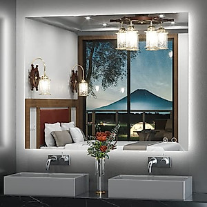 Keonjinn Backlit Mirror 40 x 32 Inch LED Mirror Bathroom Vanity Mirror with Lights 3-Color Warm/Natural/White High Lumens 6418LM, Anti-Fog Wall Mounted Dimmable Lighted Makeup Mirror