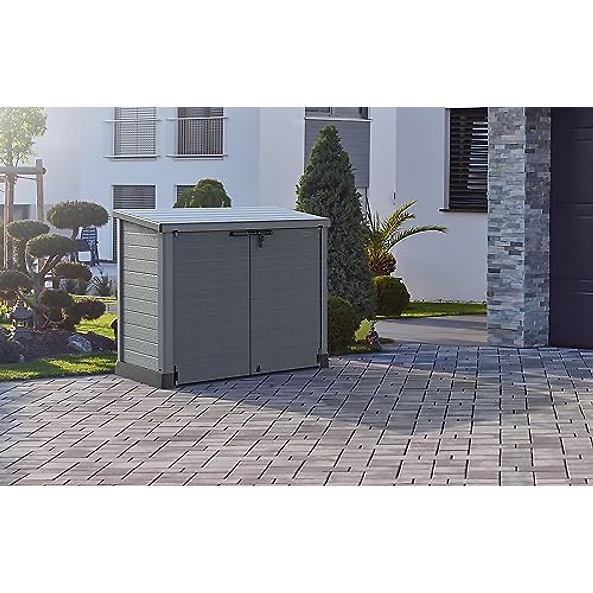 Duramax Cedargrain StoreAway 1200L Plastic Garden Storage Shed/Flat Lid - Outdoor Storage Bike Shed – Durable & Strong Construction– Ideal for Tools, Bikes, BBQs & 2X 240L Bins, 145x85x125 cm, Grey