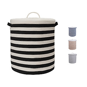 17 x 16in Large Striped Cotton Blanket Basket with Lid - Perfect for Toy Storage, Clothes Hamper, & Laundry Basket, Woven Baskets for Nursery Decor and Baskets for Organizing, Black and White