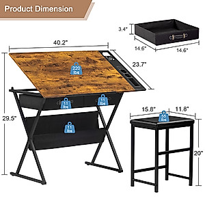 VECELO Drafting Table Adjustable Desk Tilted Tabletop with 2 Storage Drawers and Stool, Art Workstation for Artist Painters Drawing, Crafting, Reading, Writing, Home Office, Rustic Brown