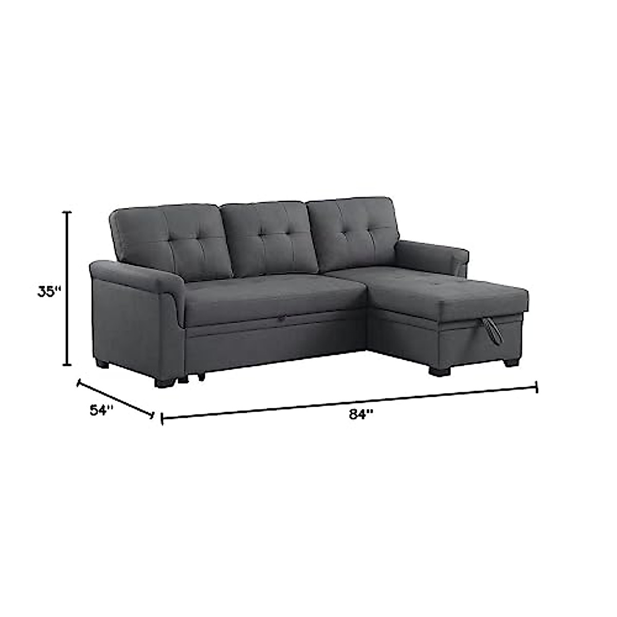 Lilola Home Lucca Performance Artificial Leather L-Shaped Pull-Out Sleeper Sofa Sectional with Reversible Storage Chaise and Solid Wood Frame, Gray