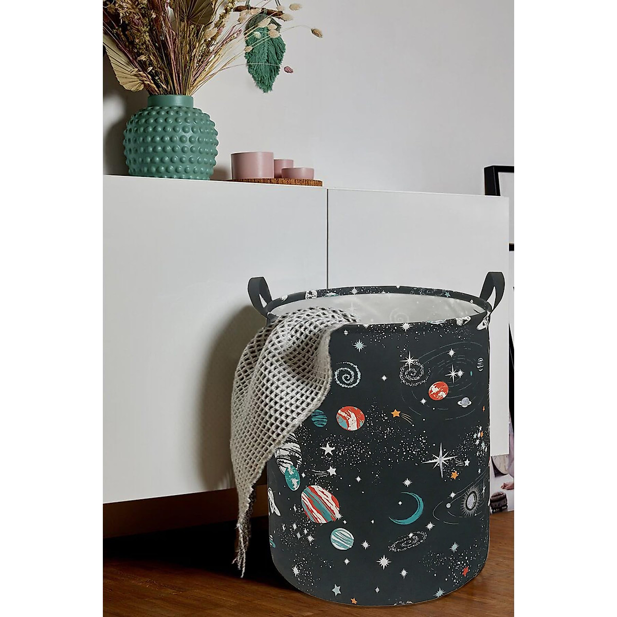 DUYIY Round Black Planet Laundry Hamper Storage Basket Organizer Hamper Storage Bins for Clothes Toys Box Nursery Hamper Gift Basket with Handles