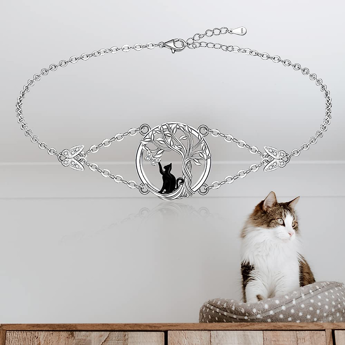 Black Cat Bracelet for Women Tree of Life Sterling Silver Cat Bracelets Black Cats Halloween Cats Lover Gifts