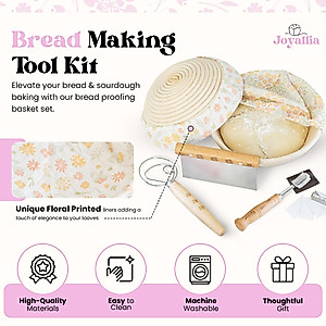 Joyallia Banneton Bread Proofing Basket Set of 2 Round 9 Inch with Bread Lame | Dough Scraper | Dough Whisk | Bowls Cover | Sourdough Kit | Bread Making Tools Gift for Mother, Wife and Bakers