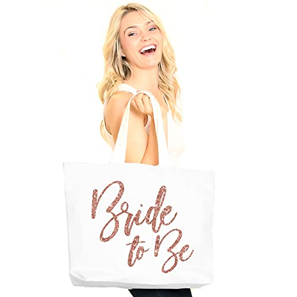 RhinestoneSash Rose Gold Bride Bag - Jumbo Size 18" x 14" Glam Bride To Be Wedding Tote Bag- Bridal Gift Totes, Bridal Shower Gifts Tote(GlamB2B RsG) Wht