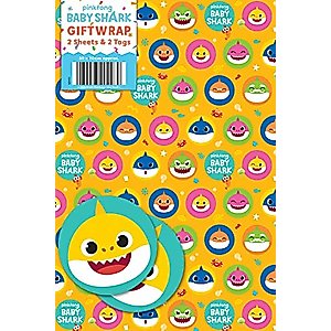 Baby Shark 2 Gift Wrap Sheet & 2 Tag Wrapping Paper Pack