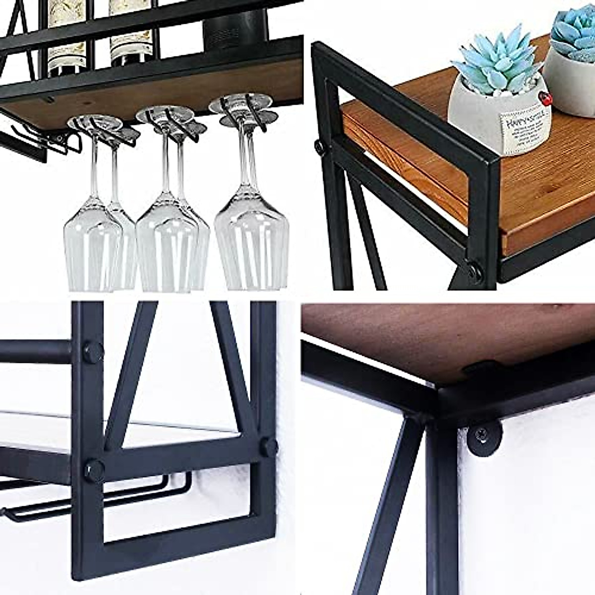 uyoyous Industrial Wine Racks 23.6 Inch Wall Mounted Wine Rack with Wine Bottles and Glass Holder 2-Tier Rustic Metal Hanging Wine Storage Display Shelf for Home Restaurant Bar