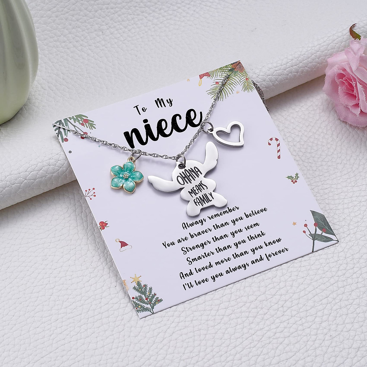 MIXJOY Stitch Gifts To My Niece Ohana Means Family Necklace&Message Card for Little Young Niece, Stitch Lover Birthday Graduation Gifts for Teen, Niece Gifts from Aunt Uncle, Stainless Steel