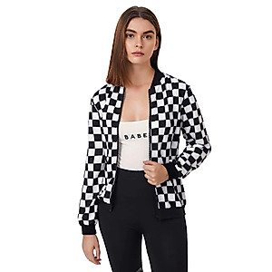 WDIRARA Women's Zip Front Plaid Print Long Sleeve Stand Collar Casual Jacket Black and White S