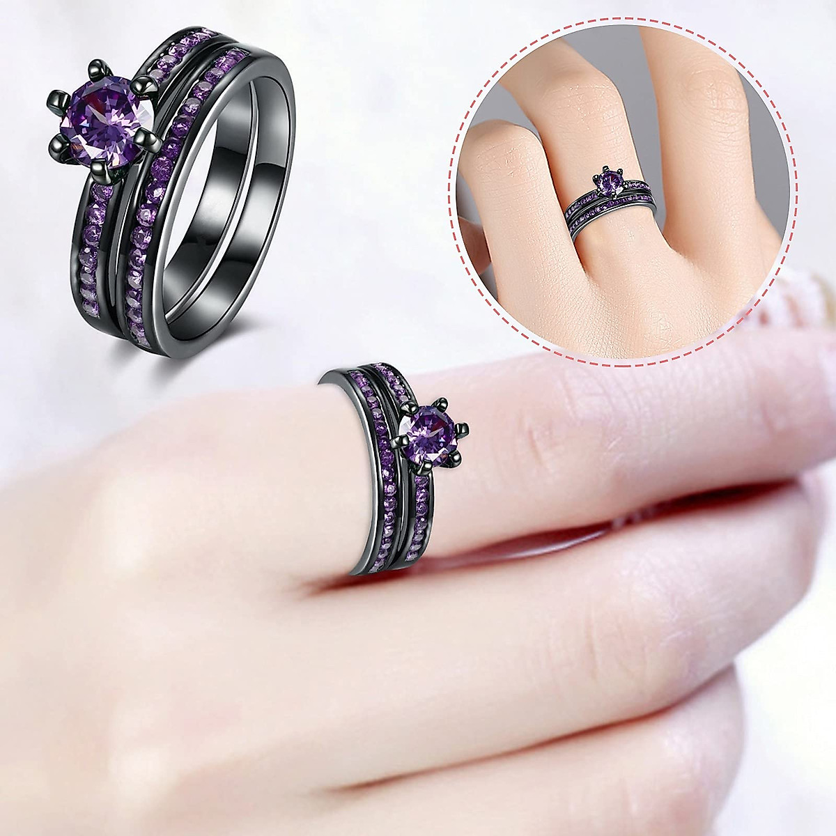 ManRiver 2PC Stackable Rings for Women - Zirconia Gemstone Rhinestone Studded Promise Rings Jewelry Gifts Size 5-12, Purple